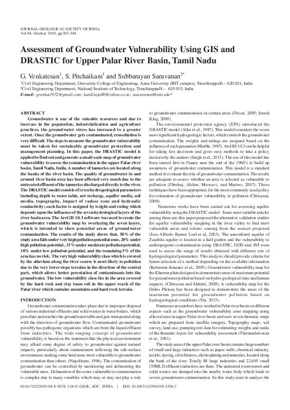 Pdf Assessment Of Groundwater Vulnerability Using Modified Drastic Model In Kharun Basin