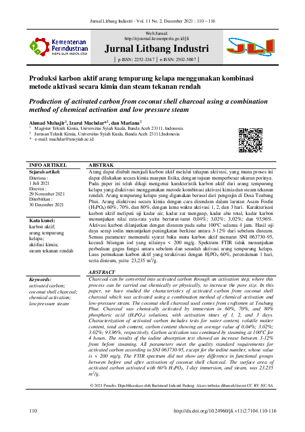 (PDF) Produksi karbon aktif arang tempurung kelapa menggunakan ...