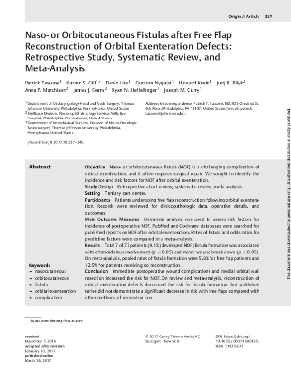 (PDF) Naso- or Orbitocutaneous Fistulas after Free Flap Reconstruction ...