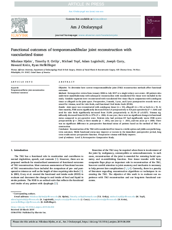 (PDF) Functional outcomes of temporomandibular joint reconstruction ...