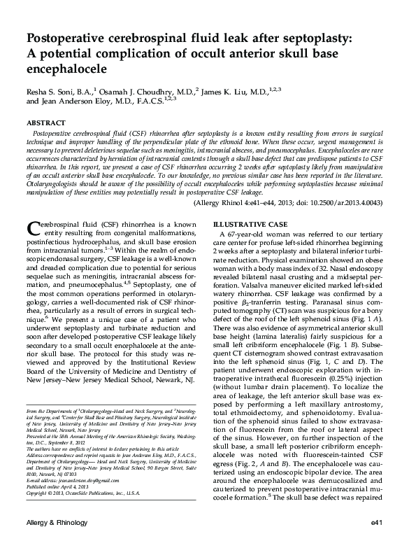 (PDF) Postoperative cerebrospinal fluid leak after septoplasty: A potential complication of ...