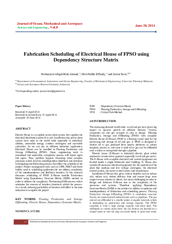 (PDF) Fabrication Scheduling of Electrical House of FPSO using Dependency Structure Matrix