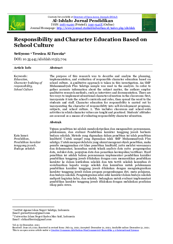 (PDF) Responsibility and Character Education Based on School Culture