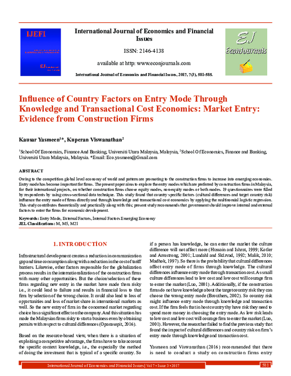 (PDF) Influence of Country Factors on Entry Mode Through Knowledge and ...