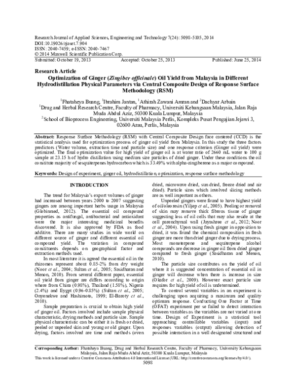 (PDF) Optimization of Ginger ( Zingiber officinale ) Oil Yield from Malaysia in Different ...