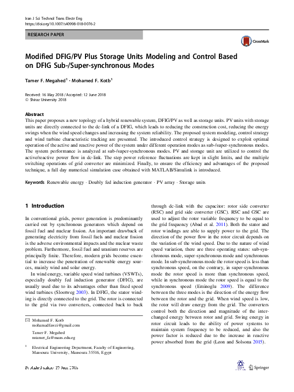 (PDF) Modified DFIG/PV Plus Storage Units Modeling and Control Based on DFIG Sub-/Super ...