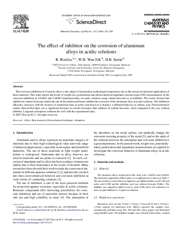 (PDF) The effect of inhibitor on the corrosion of aluminum alloys in acidic solutions