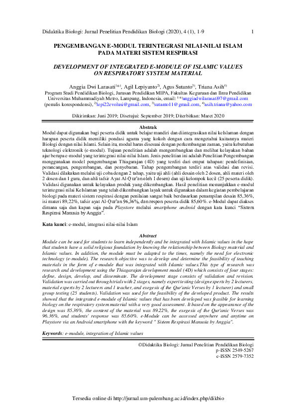 (PDF) Pengembangan E-Modul Terintegrasi Nilai-Nilai Islam Pada Materi Sistem Respirasi