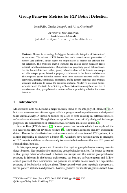 Pdf Group Behavior Metrics For P2p Botnet Detection
