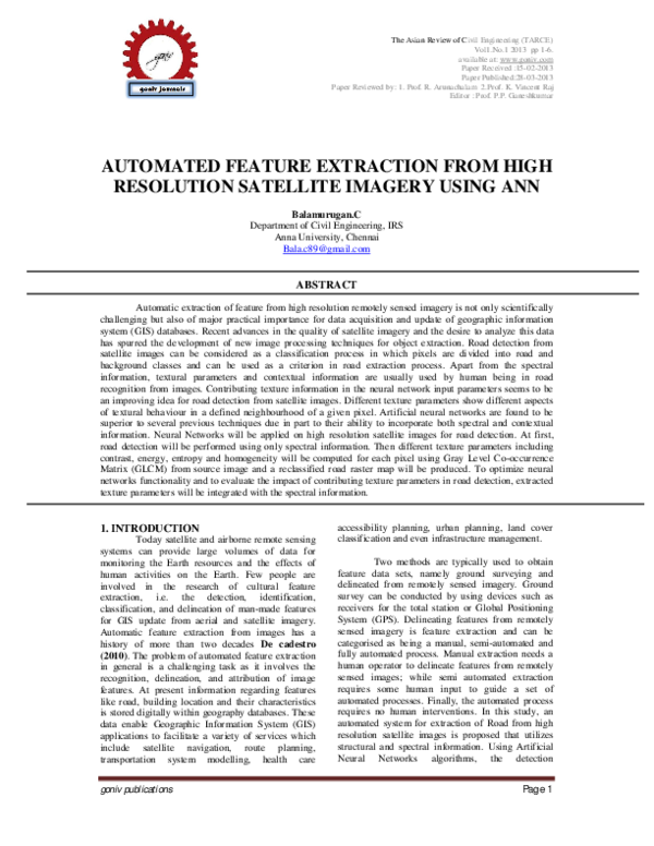 Pdf Automated Feature Extraction From High Resolution Satellite Imagery Using Ann