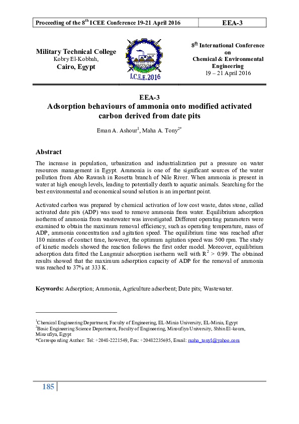 (PDF) Adsorption behaviours of ammonia onto modified activated carbon derived from date pits