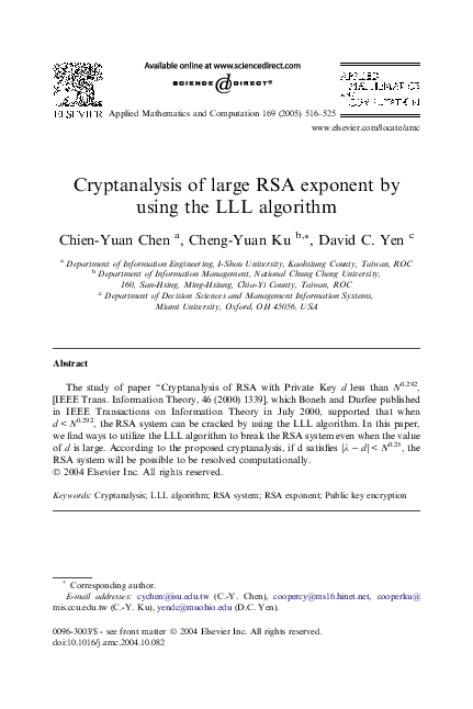 (PDF) Cryptanalysis of large RSA exponent by using the LLL algorithm