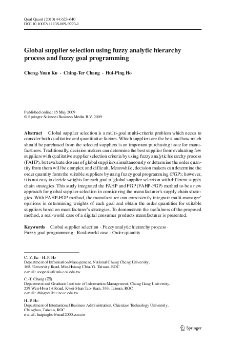(PDF) Global supplier selection using fuzzy analytic hierarchy process and fuzzy goal programming