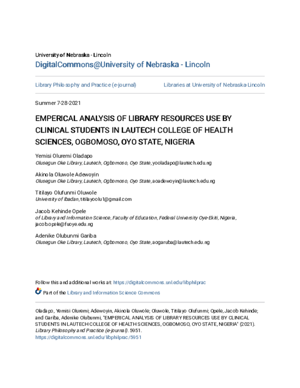 (PDF) Emperical Analysis of Library Resources Use by Clinical Students ...