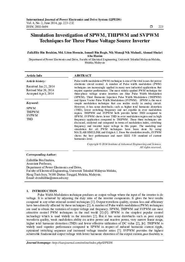 Pdf Simulation Investigation Of Spwm Thipwm And Svpwm Techniques For 2101