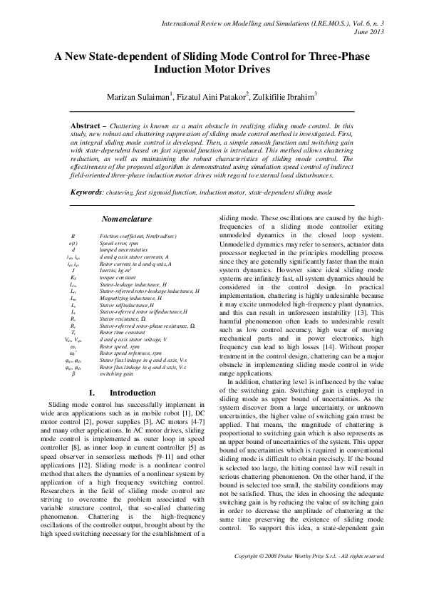 Pdf A New State Dependent Of Sliding Mode Control For Three Phase