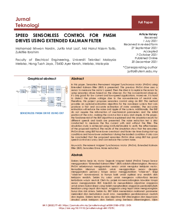 Pdf Speed Sensorless Control For Pmsm Drives Using Extended Kalman Filter