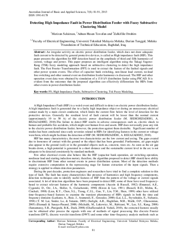 Pdf Detecting High Impedance Fault In Power Distribution Feeder With Fuzzy Subtractive