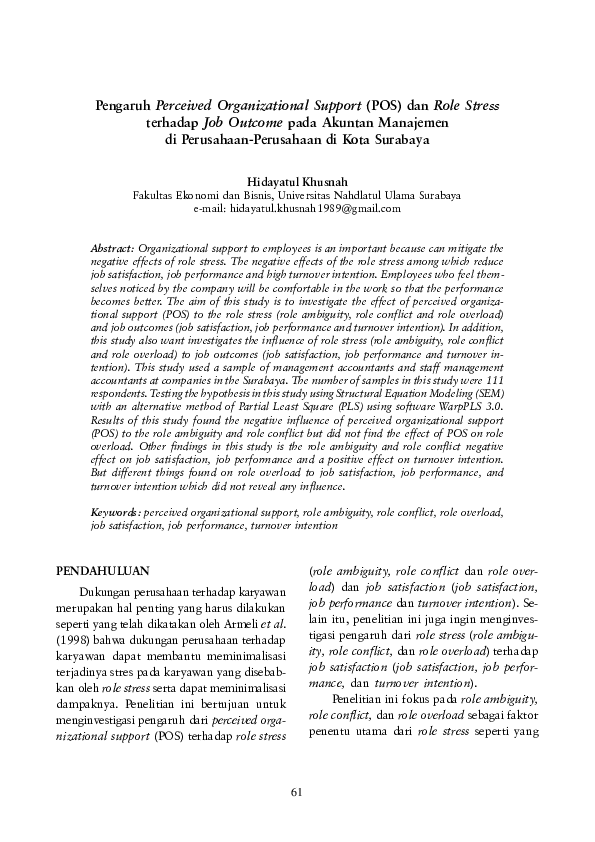 (PDF) Pengaruh Perceived Organizational Support (POS) dan Role Stress terhadap Job Outcome pada ...