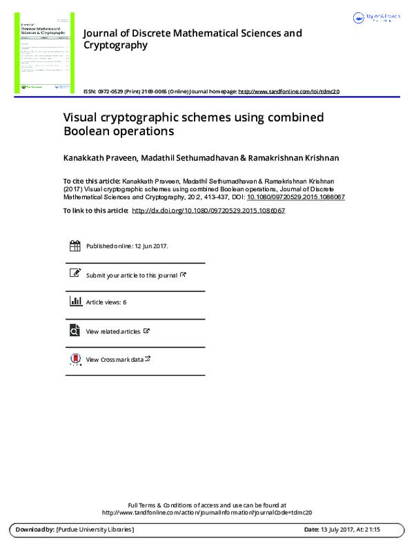 Pdf Visual Cryptographic Schemes Using Combined Boolean Operations