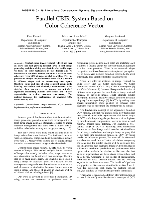 Pdf Parallel Cbir System Based On Color Coherence Vector Reza Ravanmehr