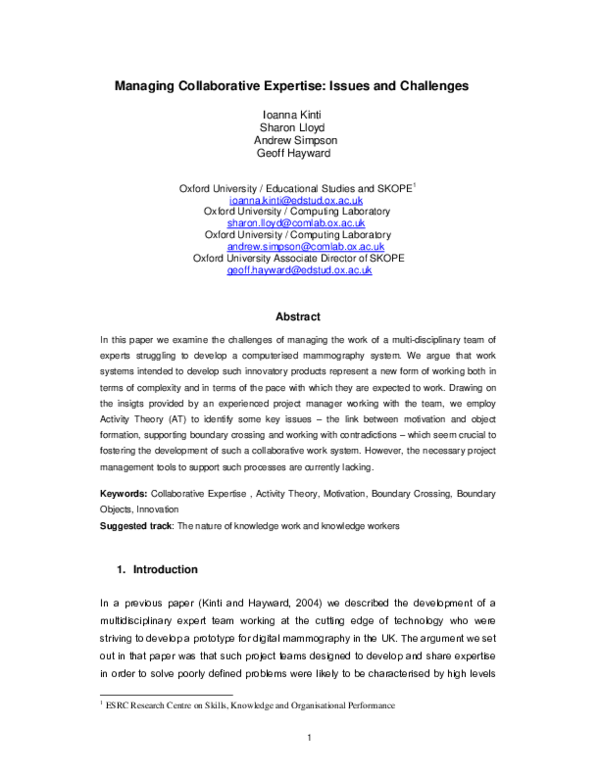 (PDF) Managing collaborative expertise: Issues and challenges
