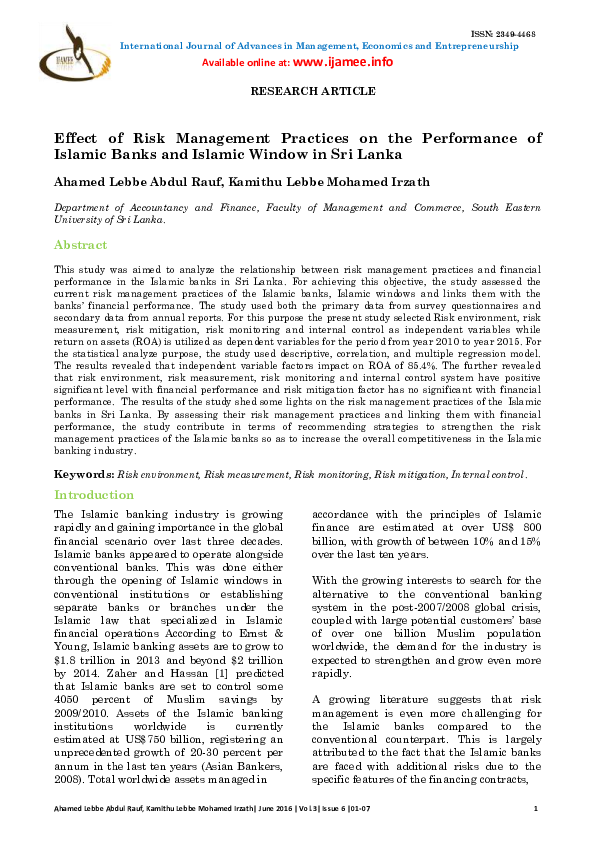 (PDF) Effect of Risk Management Practices on the Performance of Islamic Banks and Islamic Window ...