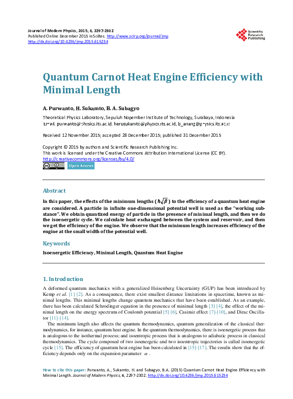 (PDF) Quantum Carnot Heat Engine Efficiency with Minimal Length