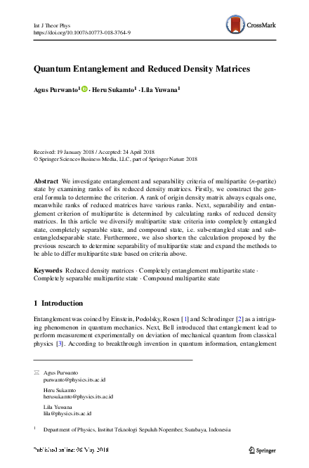 (PDF) Quantum Entanglement and Reduced Density Matrices
