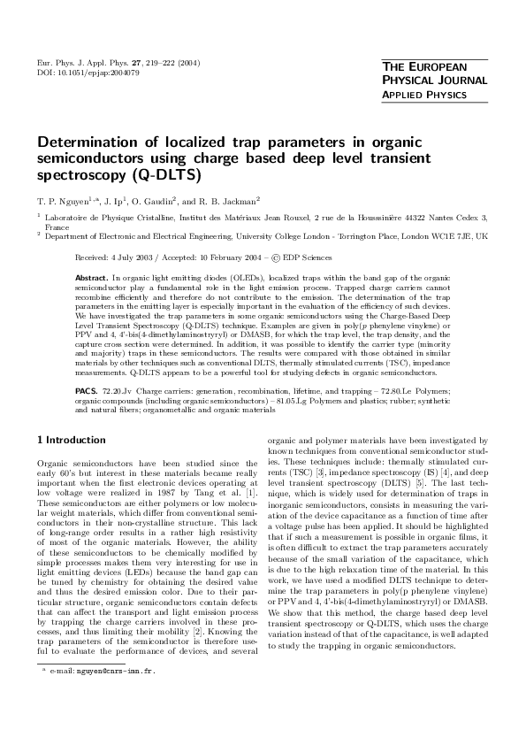 (PDF) Determination of localized trap parameters in organic ...