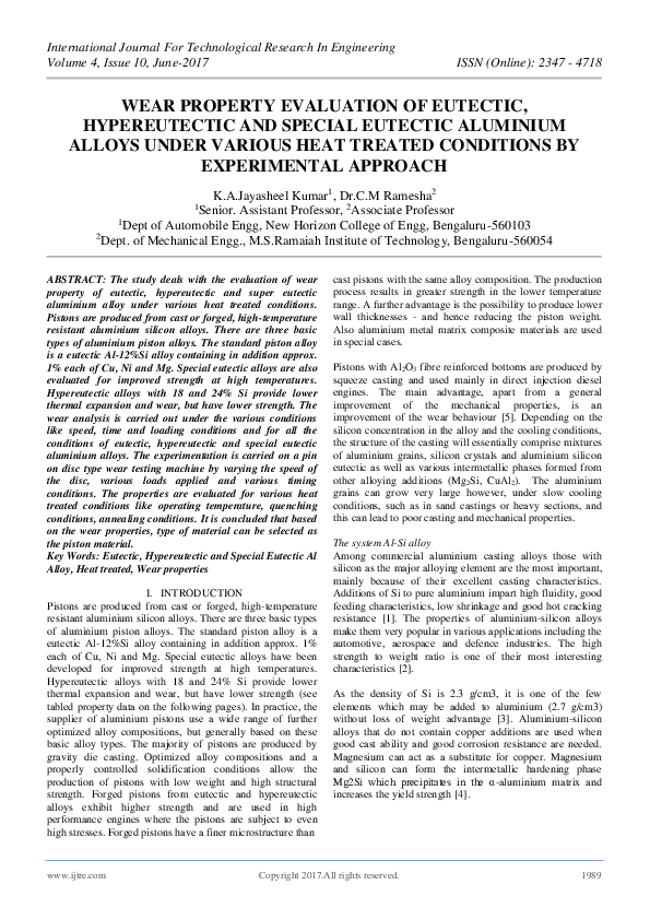 Pdf Wear Property Evaluation Of Eutectic Hypereutectic And Special Eutectic Aluminium Alloys