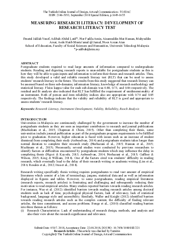 (PDF) Literacy : Development of Research Literacy Test