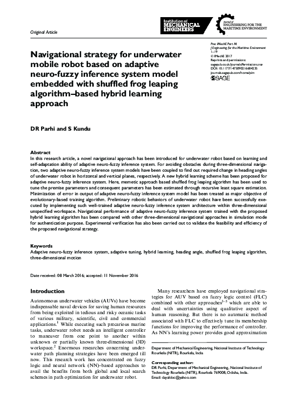 Pdf Navigational Strategy For Underwater Mobile Robot Based On Adaptive Neuro Fuzzy Inference