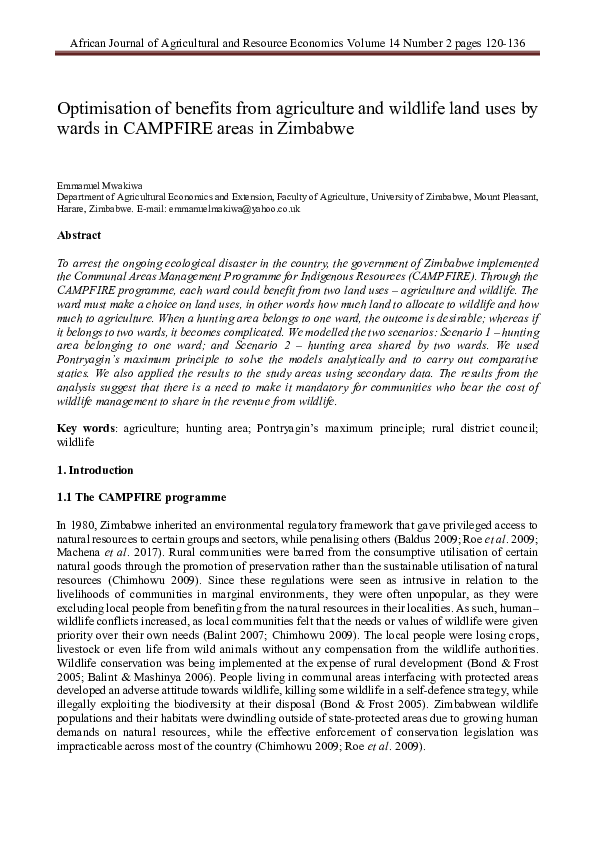 (PDF) Optimisation of benefits from agriculture and wildlife land uses ...