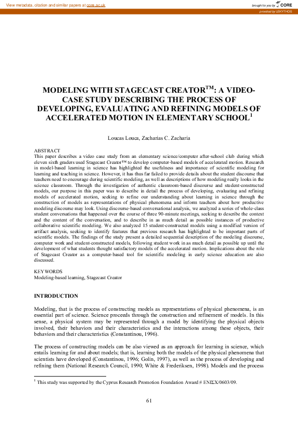 (PDF) Modeling with stagecast creator: a video-case Study describing the process of Developing ...