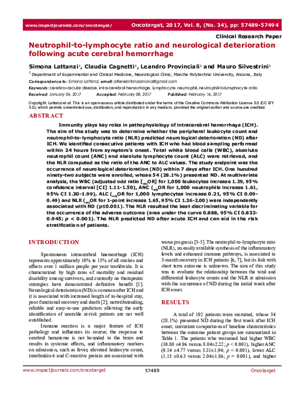 (PDF) Neutrophil-to-lymphocyte ratio and neurological deterioration following acute cerebral ...