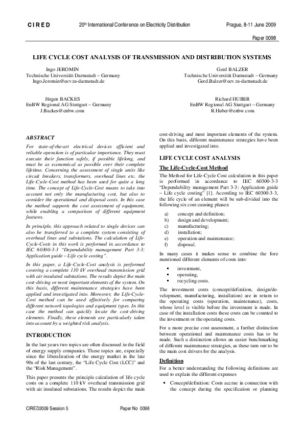 Pdf Life Cycle Cost Analysis Of Transmission And Distribution Systems