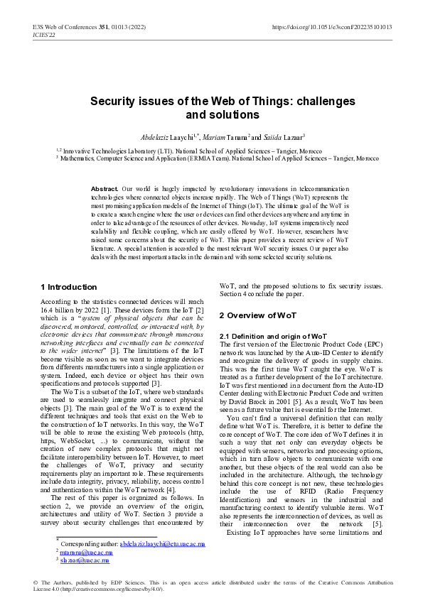 (PDF) Security issues of the Web of Things: challenges and solutions