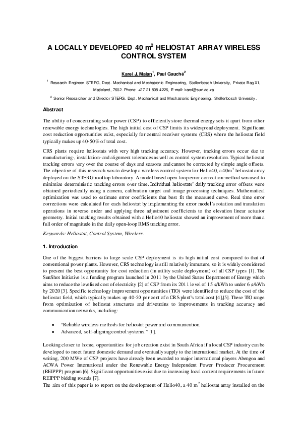 (PDF) Heliostat Array Wireless Control System | karel malan - Academia.edu