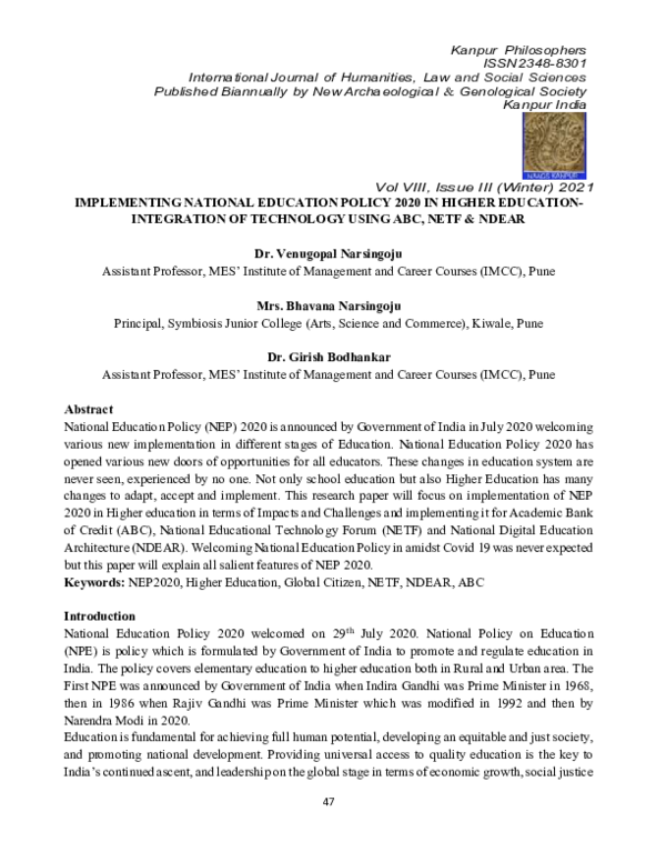 (PDF) IMPLEMENTING NATIONAL EDUCATION POLICY 2020 IN HIGHER EDUCATION-INTEGRATION OF TECHNOLOGY ...