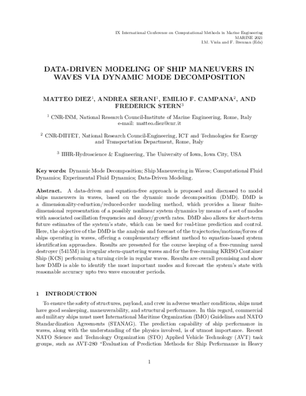 (PDF) Data-Driven Modeling of Ship Maneuvers in Waves via Dynamic Mode Decomposition