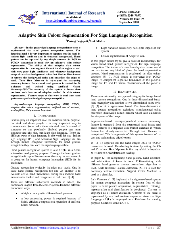 (PDF) Adaptive Skin Colour Segmentation For Sign Language Recognition ...