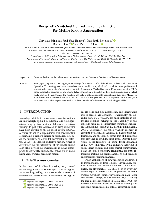 Pdf Design Of A Switched Control Lyapunov Function For Mobile Robots