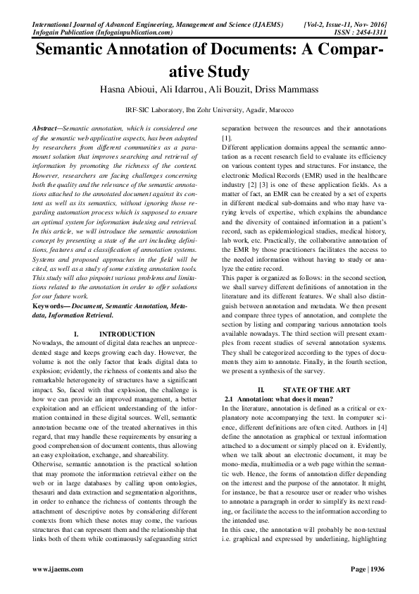 (PDF) Semantic Annotation of Documents: A Comparative Study