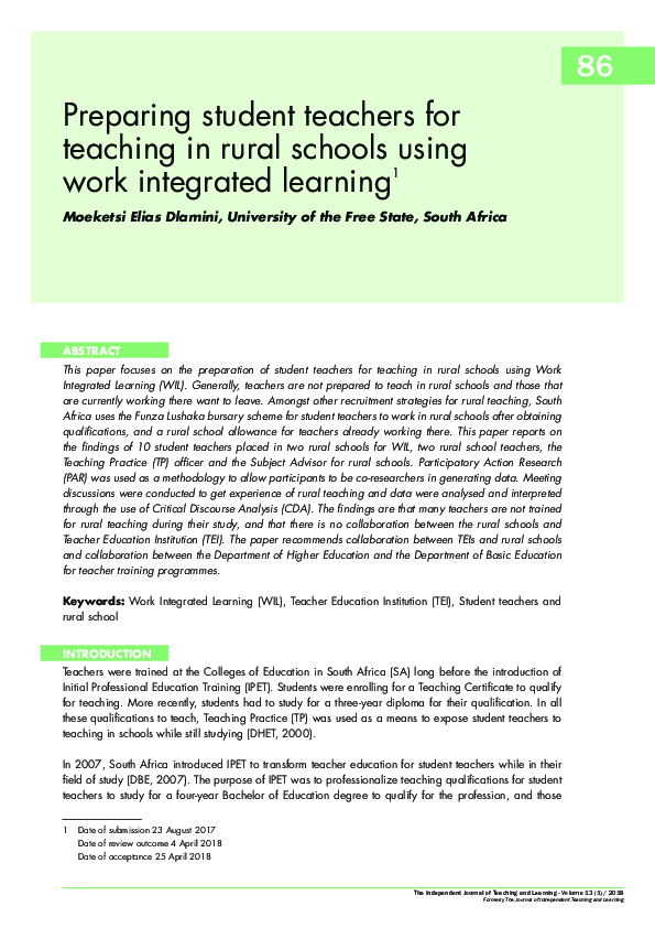 (PDF) Preparing student teachers for teaching in rural schools using work integrated learning