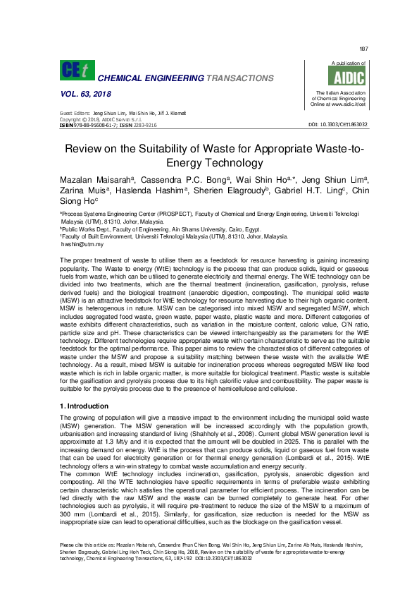 (PDF) Review on the suitability of waste for appropriate waste-to ...