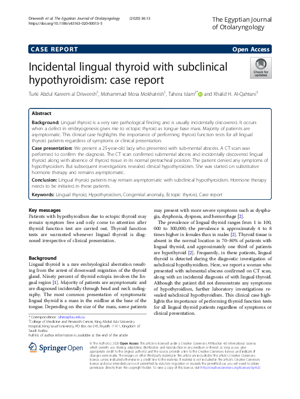 (PDF) Incidental lingual thyroid with subclinical hypothyroidism: case ...