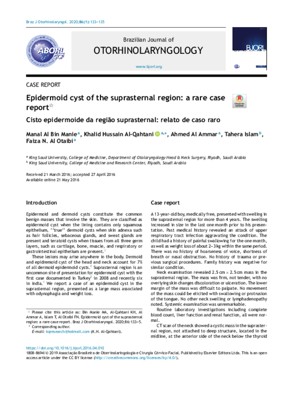 Pdf Epidermoid Cyst Of The Suprasternal Region A Rare Case Report