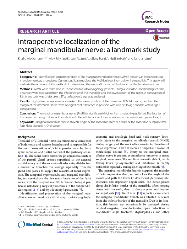 (PDF) Intraoperative localization of the marginal mandibular nerve: a ...