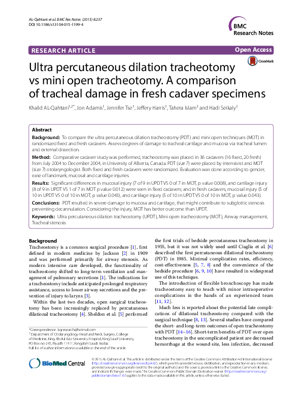 (PDF) Ultra percutaneous dilation tracheotomy vs mini open tracheotomy ...